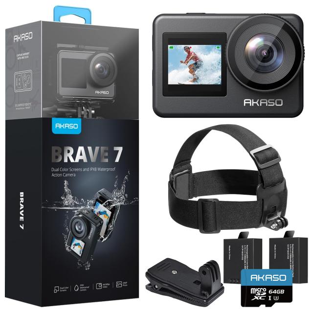 AKASO Brave7 アクションカメラ 4K アクションカム 64GBカード付き IPX8本機防水10M 水中カメラ 6軸手ぶれ補正 バックパッククリップ +