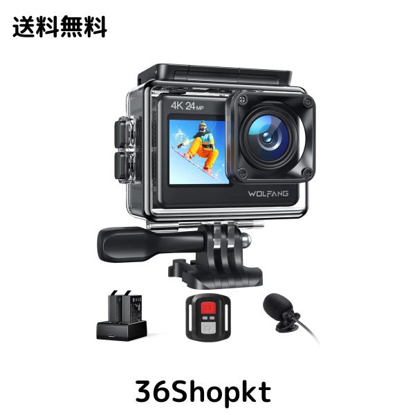 WOLFANG GA200 アクションカメラ 【マイク付き】4K 24MP 防水40M デュアルスクリーンカメラ EIS手振れ補正 WiFi調整可能な広角 Vlogカメ