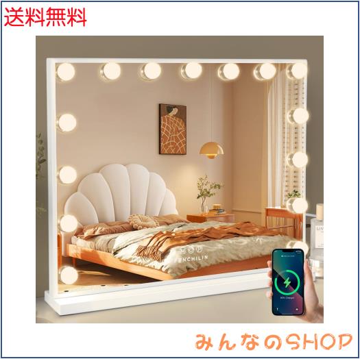 FENCHILIN 化粧鏡 女優ミラー ハリウッドミラー 壁掛け/卓上両用 USBポート付き 三色照明モード 無段階調光 15個LED電球付き 10倍拡大鏡