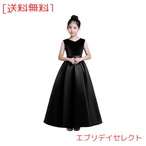 [Ｋａｙｉｙａｓｕ] 子供 ロング ドレス ピアノ 発表会 Vネック サテン ワンピース 女の子 フォーマル 結婚式 ノースリーブ エレガント
