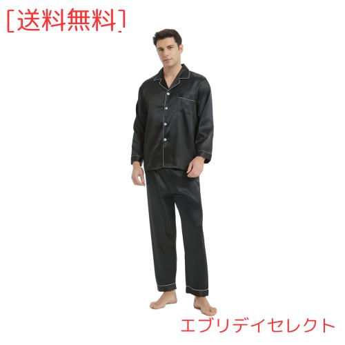 [KUMASEN] メンズ パジャマ シルク サテン 上下セット ルームウェア 部屋着 長袖 肌に優しい 前開き ブラックL