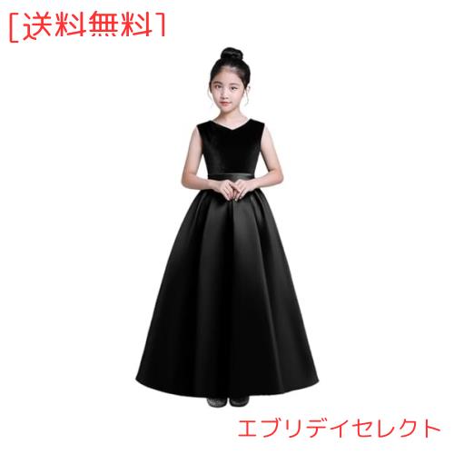 [Ｋａｙｉｙａｓｕ] 子供 ロング ドレス ピアノ 発表会 Vネック サテン ワンピース 女の子 フォーマル 結婚式 ノースリーブ エレガント