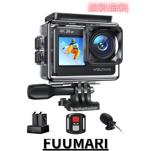 WOLFANG GA200 アクションカメラ 【マイク付き】4K 24MP 防水40M デュアルスクリーンカメラ EIS手振れ補正 WiFi調整可能な広角 Vlogカメ