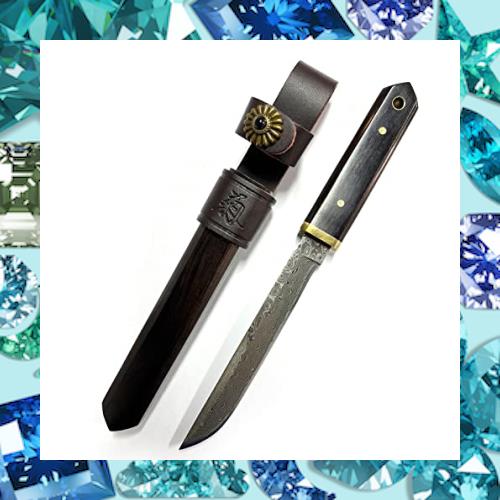 Irai Utaki ナイフ アウトドアナイフ 菊池武士 ダマスカス波紋 鞘走り止め設計 天然黒檀木 鞘付 握り感がよく シースナイフ フィッシング