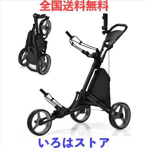GYMAX ゴルフカート 手引き ゴルフ用カート ゴルフキャリー 3輪 折りたたみ 収納 コンパクト 傘差しホルダー付き フットブレーキ付き 手