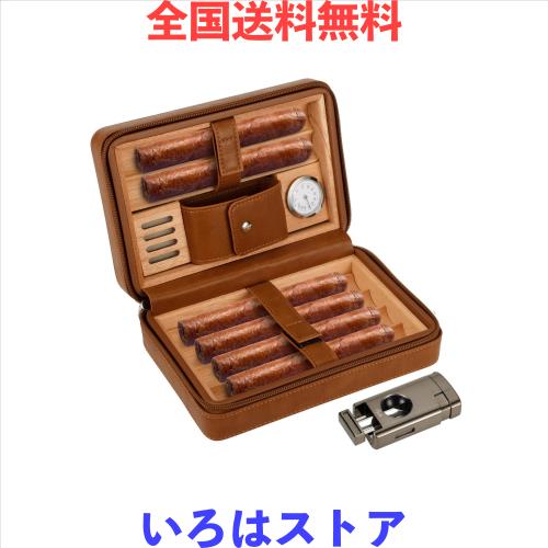 トラベルシガーヒュミドールケース、シダーウッド裏地レザー、6本の葉巻容量、湿度計と加湿器内蔵、ポータブルトラベルシガーケースキッ