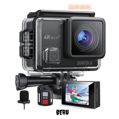 Surfola アクションカメラ 4K 30fps 20MP EIS手ぶれ補正 デュアルカラースクリーン 水中 スポーツ マイク付 170度魚眼レンズ リモコン付