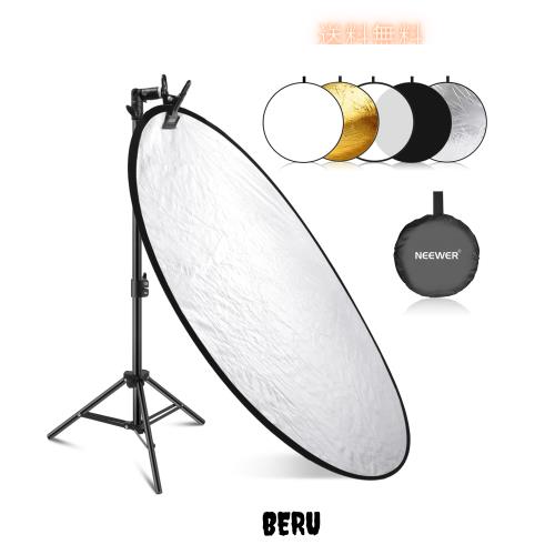 NEEWER 43”/110cm レフ板 ライトレフ板 メタルクランプとスタンド付き 5 in 1 折りたたみ式丸型レフ板 半透明 銀 金 白 黒色 低角度の子
