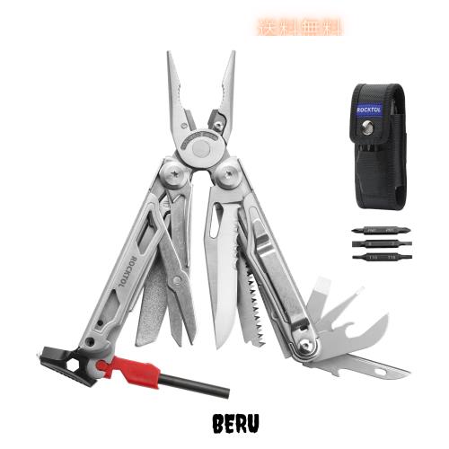ROCKTOLマルチツールプライヤー、22-in-1ステンレススチールマルチツール、ファイヤースターター、緊急時ホイッスル、ガラスブレーカー、