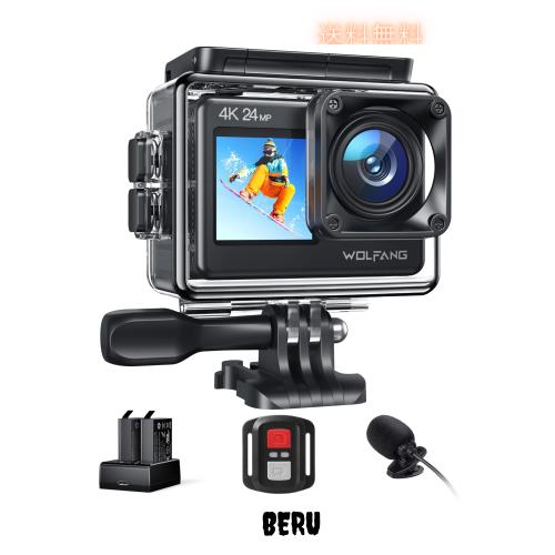 WOLFANG GA200 アクションカメラ 【マイク付き】4K 24MP 防水40M デュアルスクリーンカメラ EIS手振れ補正 WiFi調整可能な広角 Vlogカメ