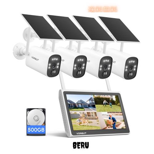 VORGUT 防犯カメラ 屋外 ソーラー 4台 モニター付き 監視カメラ ワイヤレス ソーラー 電源不要 工事不要 400万画素 無線 防犯カメラ モニ