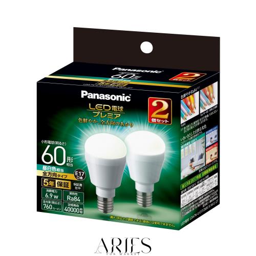 パナソニック LED電球 プレミア 口金直径17mm 電球60W形相当 昼白色相当(6.9W) 小型電球・全方向タイプ 2個入り 密閉形器具対応 LDA7NGE1