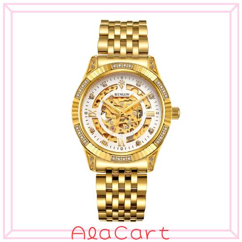 BINLUNメンズ腕時計自動機械式 両面 スケルトン ゴールドウォッチ自動巻き メンズ腕時計 男性用18K金メッキ高級腕時計（フルスケルトン）