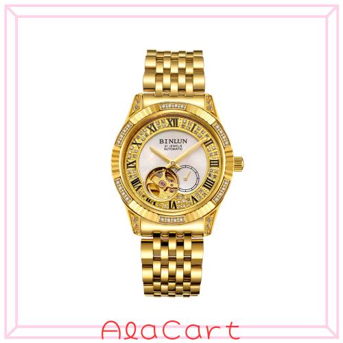 BINLUNメンズ腕時計自動機械式 両面 スケルトン ゴールドウォッチ自動巻き メンズ腕時計 男性用18K金メッキ高級腕時計（セミスケルトン）