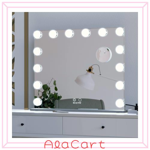 BEAUTME化粧鏡 女優ミラー大きい 照明付きミラー 壁掛け/卓上両用 明るさ調節可能 14個LED電球付き 10倍拡大鏡 銀色