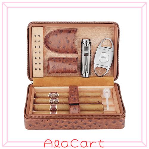 【高い品質】 PIPITA 葉巻ケース 付き直噴ターボライター ＆シガーカッター,レザースペイン杉 4本 シガレットケース 携帯便利セット ヒュ