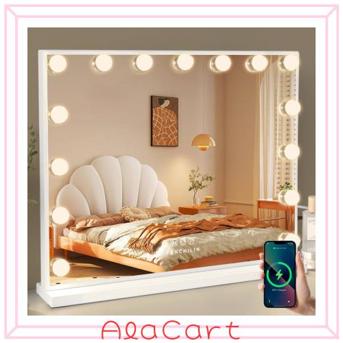 FENCHILIN 化粧鏡 女優ミラー ハリウッドミラー 壁掛け/卓上両用 USBポート付き 三色照明モード 無段階調光 15個LED電球付き 10倍拡大鏡