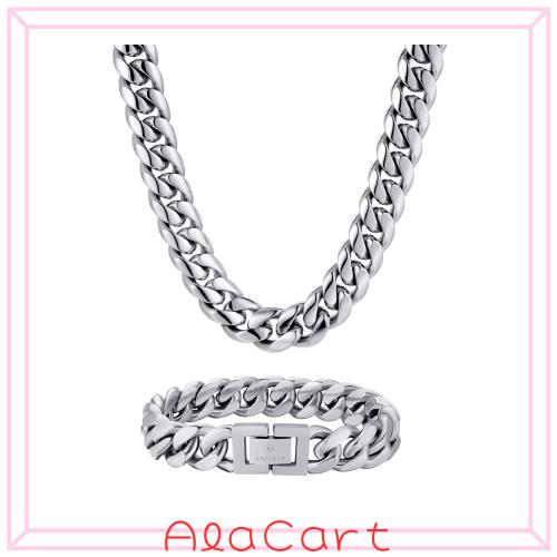 KRKC＆CO 喜平ネックレス＆ブレスレット 幅12mm メンズ チェーン 4面カット HIPHOP プレゼント 誕生日 (ホワイトゴールド（51+19）)