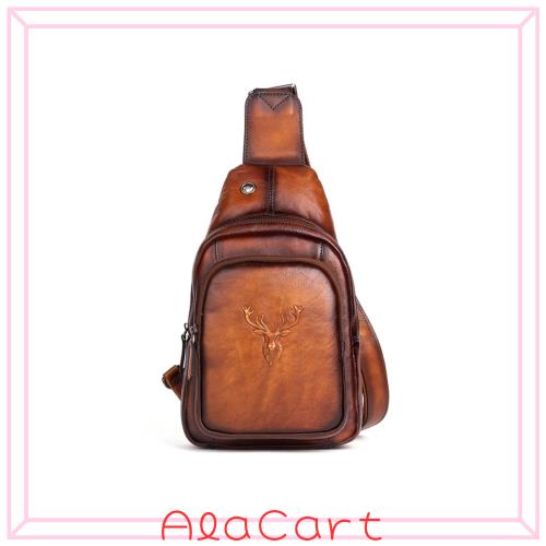 [Ｗｈａｔｎａ] アンティーク風合い鞣し天 然牛 革 斜めがけ ボディバッグ ワンショルダー メンズ 本革 厚手 レザーイヤホン穴付 13541 (