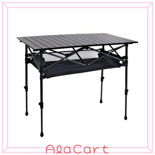 HONGBEI ロールテーブル アウトドア キャップ アルミ 折りたたみ 軽量 携帯便利 組立簡単 収納バッグ付き 耐荷重50kg ブラック/竹柄 (95x