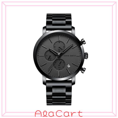 Hannah Martin メンズ 腕時計 ステンレススチール 防水 アナログ クォーツ ビジネス クロノグラフ 腕時計 男性用, ブラック(Black)