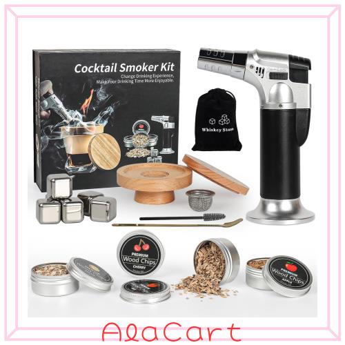QuiExact カクテルスモーカーキット 16点セット トーチ付き アイスキューブ 4種類のスモークチップ 燻製器 家庭用 燻製機 キャンプ ウィ