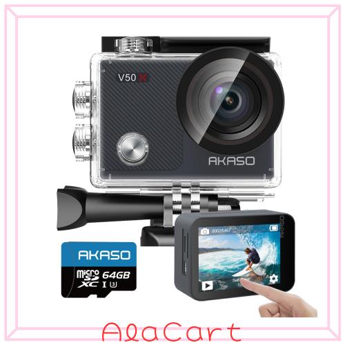 AKASO アクションカメラ V50X，4K30fps 20MP 64GB microSDメモリーカード付き 新版6軸手ぶれ補正 4Xズーム WiFi対応 小型アクションカム