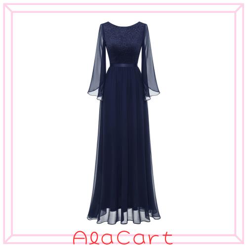 結婚式 母親ドレス ドレス カラードレス ロング 演奏会 袖あり 丸首 Aライン きれいめ おしゃれ フォーマルワンピース ディナードレス コ