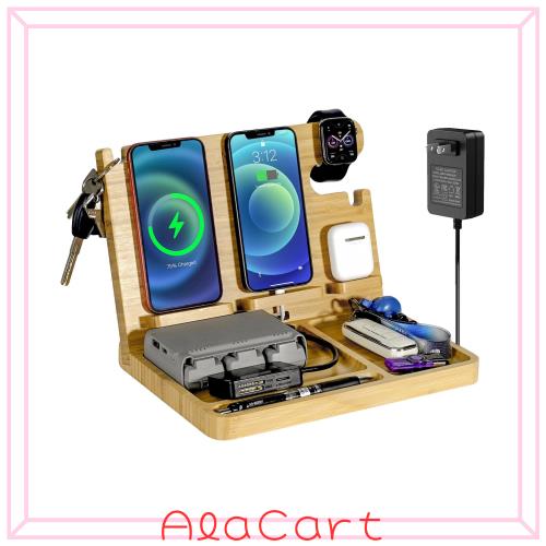 ワイヤレス充電器 3in1、2台の携帯電話に適した竹木製iphone,Samsung充電スタンド、iWatch、Airpod同時充電、デスク卓上収納眼鏡、時計、