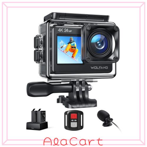 WOLFANG GA200 アクションカメラ 【マイク付き】4K 24MP 防水40M デュアルスクリーンカメラ EIS手振れ補正 WiFi調整可能な広角 Vlogカメ