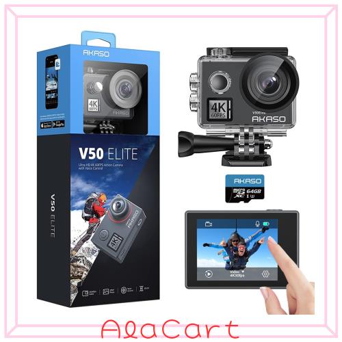 AKASO アクションカメラ 4k60fps V50Elite タッチスクリーン式 64GB microSDメモリーカード WiFi搭載 音声制御 EIS手ぶれ補正 40M防水 水