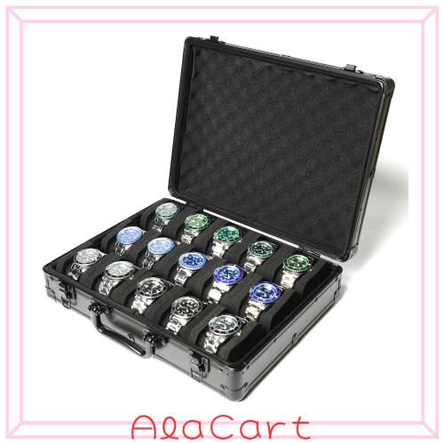 AUKURA 15スロット 腕時計オーガナイザーケース アルミニウム製 腕時計収納ボックス ハードウォッチトラベルボックス パッド付きケース