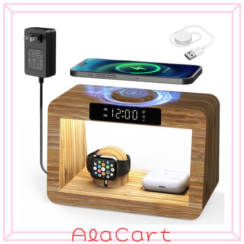 ワイヤレス充電器 3in1 magsafe対応機種iPhone16/15/14/13/スマホ,アップルウォッチ,Airpod急速マグネット式充電スタンド竹木製,内蔵デジ
