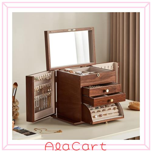 Homruilink ジュエリーボックス 木製 4段 ブラックウォールナット製 宝石箱 大容量ジュエリー収納ケース 2サイドドア 鏡 鍵付き クラシッ