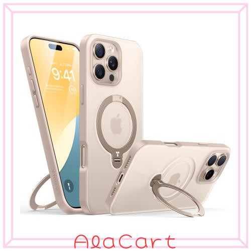 TORRAS iPhone 16 Pro 用 ケース【ソフトベージュ ・チャーミング｜360° ゼンマイ式スタンド 】 米軍規格 縦横両対応 リング付き マグネ