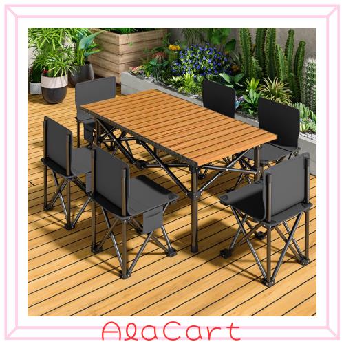 HEEOREV アウトドア テーブル チェアセット キャンプ テー ブル 7点セット（55*49*95CM、、木の色） 屋外用折りたたみ椅子 自動運転ツア