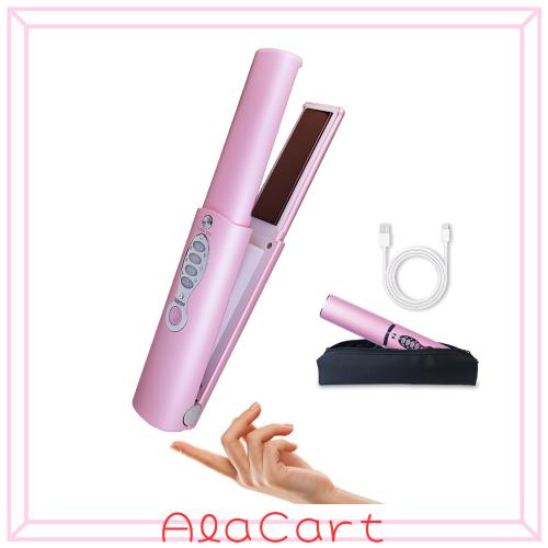 旅行用 小型 ヘアストレート＆カーラー 2in1 ショートヘア対応 ポータブルストレートアイロン、USB-C充電 急速加熱、防熱カバー付き、家