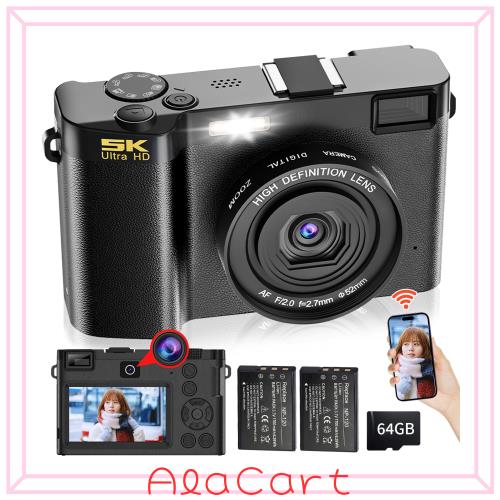 Moledro WIFI転送機能 デジタルカメラ スマホに送れるデジカメ 5K 6400万画素 デュアルレンズ 64GBマイクロSDカード付き 18倍デジタルズ