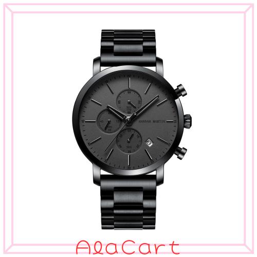 Hannah Martin メンズ 腕時計 クロノグラフ クォーツ ステンレス 防水 ビジネス おしゃれ シンプル 人気 プレゼント ブラック