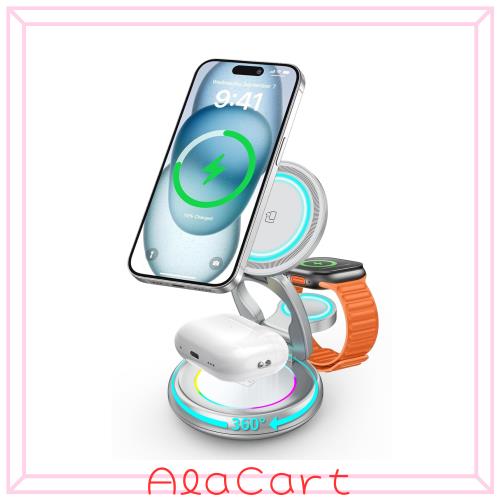 【2025新登場】ワイヤレス充電器 3in1 折りたたみ マグセーフ式 急速 最大15W・3台同時充電・360°回転 magsafe タンド 置くだけ iphone/