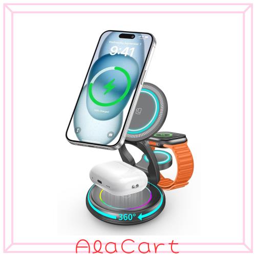 【2025新登場】ワイヤレス充電器 3in1 折りたたみ マグセーフ式 急速 最大15W・3台同時充電・360°回転 magsafe タンド 置くだけ iphone/