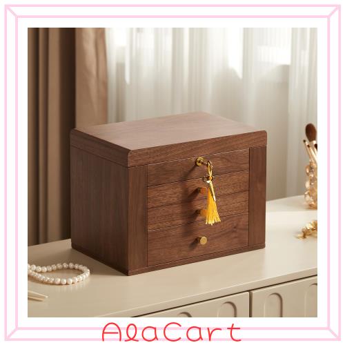 Homruilink 木製ジュエリーボックス ウォールナット材 4段 大容量 鏡付き 鍵付き 両開き 収納ケース ネックレス・時計・リング・ピアス収