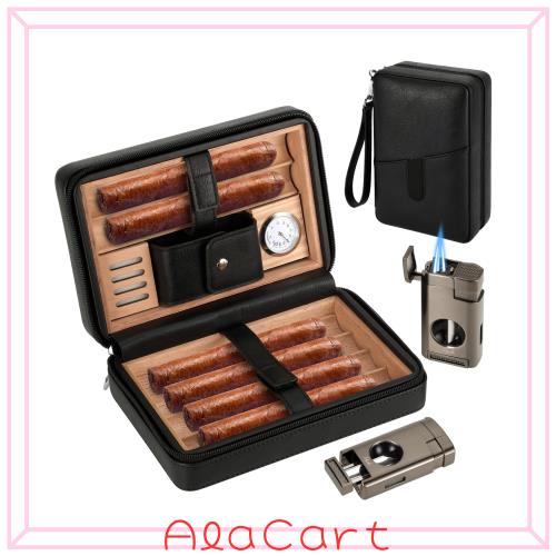 PIPITA 葉巻ケース 湿度計・加湿器付き＆ターボライター,レザースペイン杉 6本 シガレットケース 携帯便利セット ヒュミドール 旅行 シガ