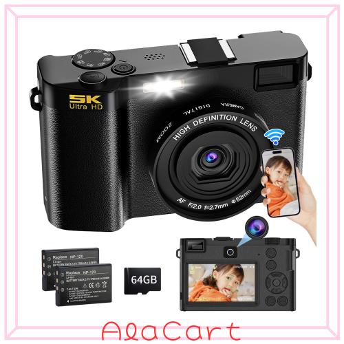 Moledro 5K スマホに送れるデジカメ デジタルカメラ WIFI転送機能 6400万画素 デュアルレンズ 64GBマイクロSDカード付き 18倍デジタルズ