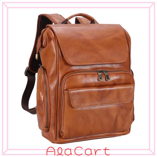 [TIDING] リュック メンズ 本革 バックパック デイパック がま口 タイダイ風 ムラ染め キャラメル色 カジュアル 牛革 オイルレザー 15.6