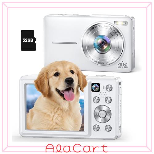 ToAuite 4Kデジカメ 6400万画素 デジタルカメラ 前後カメラ 自撮り AF機能 超軽量 学生 修学旅行 アウトドア 登山 白