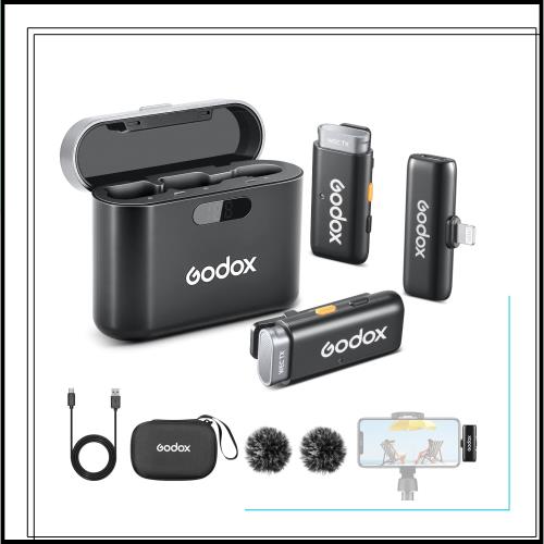 Godox WES1 Kit2 ワイヤレスマイク iPhone/Lightning用 大容量バッテリー デュアルチャンネル 2.4G ワイヤレスマイク 200m伝送範囲 ノイ