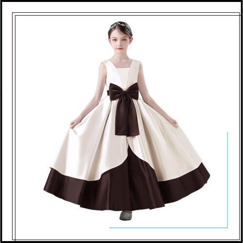 [VOKLLIYU] 子供 ドレス キッズ(ブラウン 140) ピアノ発表会 子ども ドレス バイオリン 演奏会 ロングドレス 女の子 蝶結び お姫様 上品