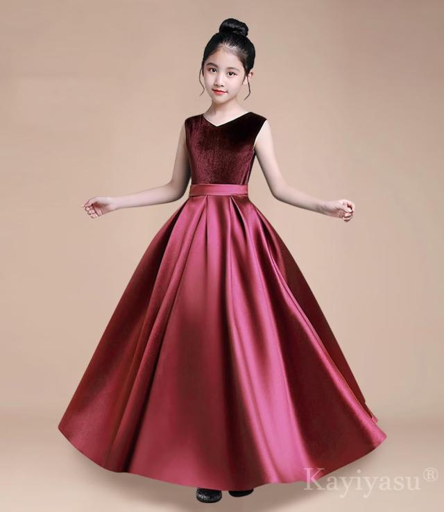 Kayiyasu] 子供 ロング ドレス ピアノ 発表会 Vネック サテン