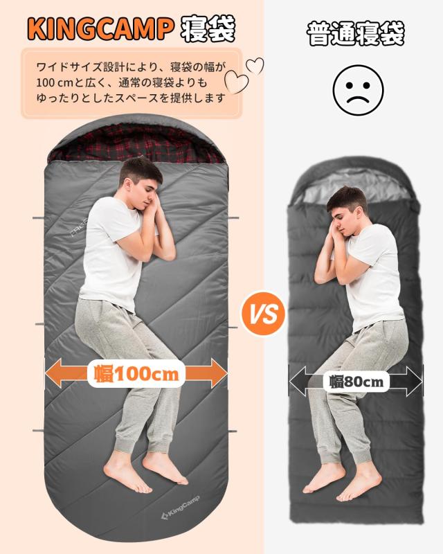 KingCamp 寝袋 シュラフ フランネル生地 冬用 オールシーズン 封筒型 大きいサイズ 幅100cm 2.1KG コンパクト防水 洗える 防災 アウトド